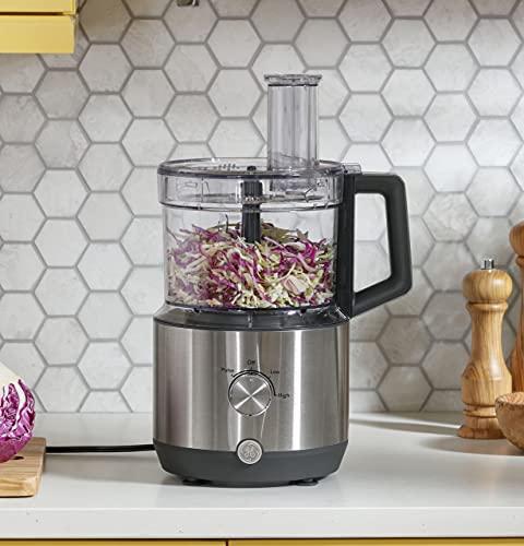 GE Food Processor | 12 Cup | Complete With 3 Feeding Tubes, Stainless Steel Mixing Blade & Shredding Disc | 3 Speed | Great for Shredded Cheese, Chicken & More | Kitchen Essentials | 550 Watts