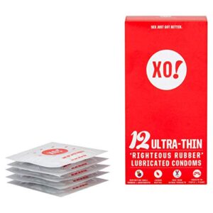 xo! ultra-thin righteous rubber condoms, peta-certified vegan, fairly-traded natural latex, well-lubricated, cruelty free, parabens & glycerin free, 12-count