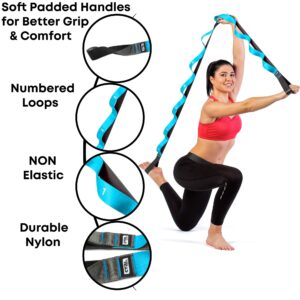 Stretching Strap with Loops - Non Elastic Stretch Band for Physical Therapy, Yoga Strap for Stretching Equipment, Stretch Bands for Exercise and Flexibility - Fascia, Hamstring & Leg Stretcher Belt