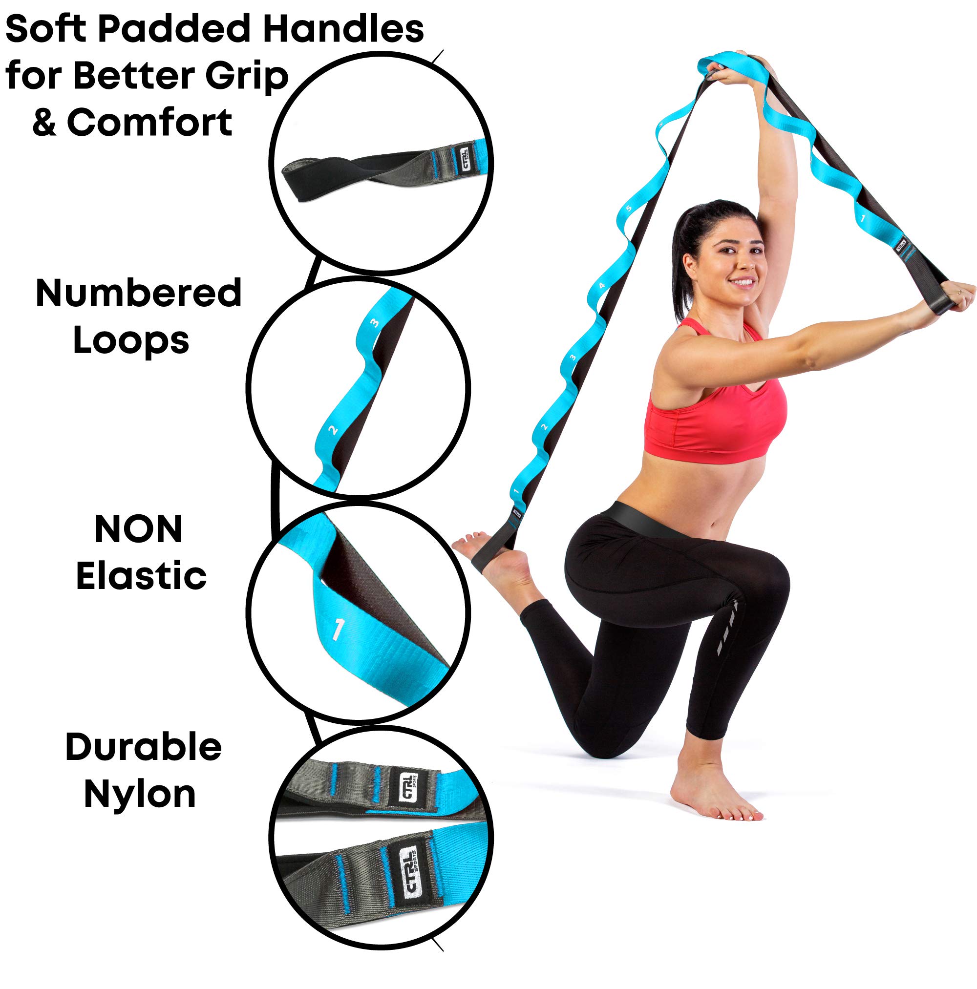 Stretching Strap with Loops - Non Elastic Stretch Band for Physical Therapy, Yoga Strap for Stretching Equipment, Stretch Bands for Exercise and Flexibility - Fascia, Hamstring & Leg Stretcher Belt