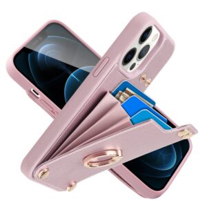 lameeku for iphone 12 pro max wallet case, case with card holder leather cover 360°rotation ring kickstand protective bumper designed for women for apple iphone 12 pro max 6.7'' rose gold