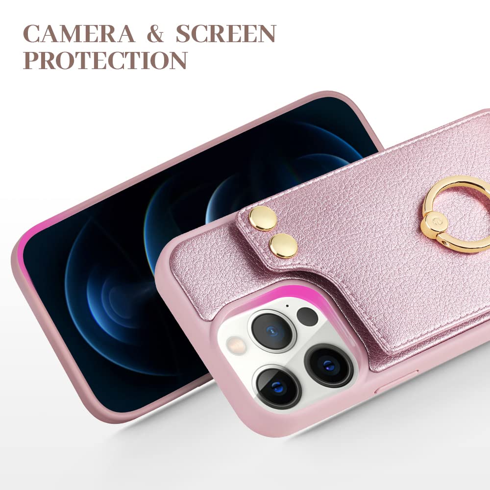 LAMEEKU for iPhone 12 Pro Max Wallet Case, Case with Card Holder Leather Cover 360°Rotation Ring Kickstand Protective Bumper Designed for Women for Apple iPhone 12 Pro Max 6.7'' Rose Gold