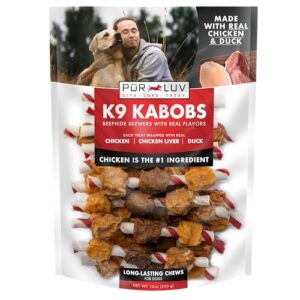 pur luv dog treats, k9 kabobs for dogs made with real chicken and duck, 12 ounces, healthy, easily digestible, long-lasting, high protein dog treat, satisfies dog's urge to chew