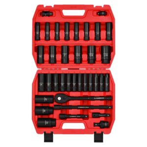 CASOMAN 3/8" Drive Impact Socket Set, 48 Piece Standard SAE and Metric Sizes (5/16-Inch to 3/4-Inch and 8-22 mm), 6 Point, Cr-V Steel Socket Set & 1/2" Drive Master Impact Socket Set, 36 Piece Deep, S