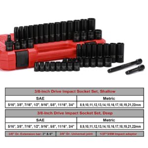 CASOMAN 3/8" Drive Impact Socket Set, 48 Piece Standard SAE and Metric Sizes (5/16-Inch to 3/4-Inch and 8-22 mm), 6 Point, Cr-V Steel Socket Set & 1/2" Drive Master Impact Socket Set, 36 Piece Deep, S