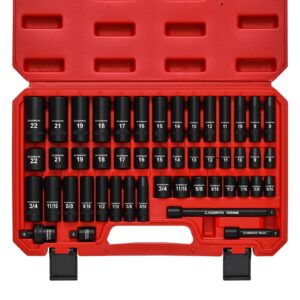 CASOMAN 3/8" Drive Impact Socket Set, 48 Piece Standard SAE and Metric Sizes (5/16-Inch to 3/4-Inch and 8-22 mm), 6 Point, Cr-V Steel Socket Set & 1/2" Drive Master Impact Socket Set, 36 Piece Deep, S