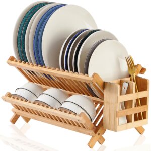 novayeah bamboo dish drying rack-2 tier, collapsible small dish rack with utensil holder, wooden drying rack for kitchen counter, apartment essentials kitchen plate holder, kitchen organization