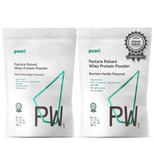 puori whey protein powder bundle - dark chocolate and bourbon vanilla - pw1 pasture-raised grass-fed non-gmo - 100% natural and pure for muscle growth - 21g protein