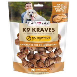 pur luv dog treats, k9 kraves rawhide free bone dog treat, peanut butter flavor, made with real peanut butter and chicken, 20 count, healthy, easily digestible, long-lasting, high protein