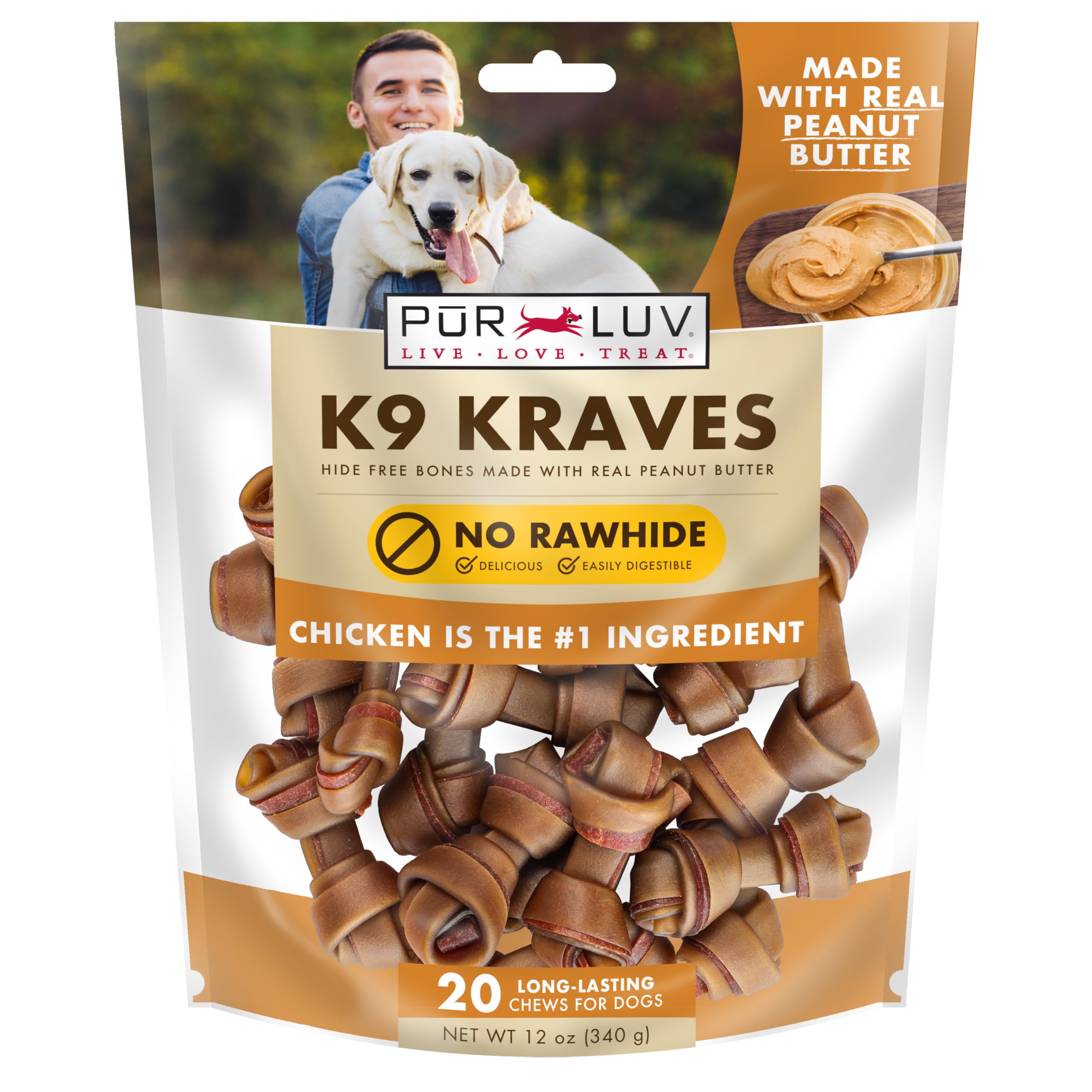 Pur Luv Dog Treats, K9 Kraves Rawhide Free Bone Dog Treat, Peanut Butter Flavor, Made with Real Peanut Butter and Chicken, 20 Count, Healthy, Easily Digestible, Long-Lasting, High Protein