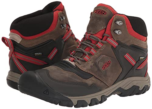 KEEN Men's Ridge Flex Mid Height Waterproof Hiking Boots, Dark Olive/Ketchup, 10.5