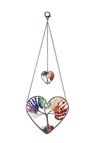 JOVIVI Double Heart Tree of Life Hanging Ornament 7 Chakra Reiki Healing Crystals Stones Gemstone Meditation Window Wall Hanger for Feng Shui Yoga Home Indoor Decor