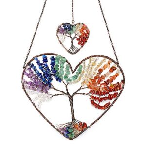 JOVIVI Double Heart Tree of Life Hanging Ornament 7 Chakra Reiki Healing Crystals Stones Gemstone Meditation Window Wall Hanger for Feng Shui Yoga Home Indoor Decor