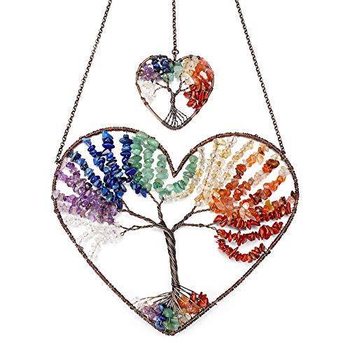 JOVIVI Double Heart Tree of Life Hanging Ornament 7 Chakra Reiki Healing Crystals Stones Gemstone Meditation Window Wall Hanger for Feng Shui Yoga Home Indoor Decor