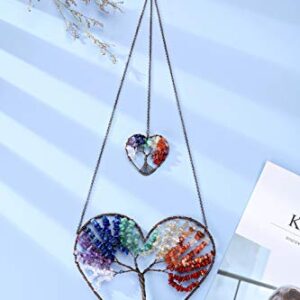 JOVIVI Double Heart Tree of Life Hanging Ornament 7 Chakra Reiki Healing Crystals Stones Gemstone Meditation Window Wall Hanger for Feng Shui Yoga Home Indoor Decor