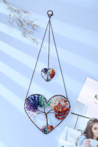 JOVIVI Double Heart Tree of Life Hanging Ornament 7 Chakra Reiki Healing Crystals Stones Gemstone Meditation Window Wall Hanger for Feng Shui Yoga Home Indoor Decor