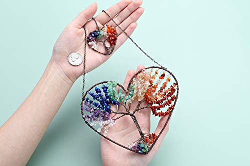 JOVIVI Double Heart Tree of Life Hanging Ornament 7 Chakra Reiki Healing Crystals Stones Gemstone Meditation Window Wall Hanger for Feng Shui Yoga Home Indoor Decor