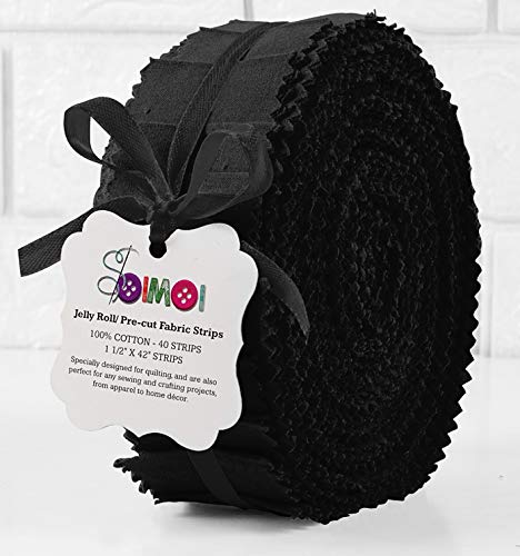 Soimoi 40Pcs Solid Black Precut Fabrics Strips Roll Up 1.5 Inches Cotton Jelly Rolls for Quilting