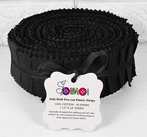 Soimoi 40Pcs Solid Black Precut Fabrics Strips Roll Up 1.5 Inches Cotton Jelly Rolls for Quilting