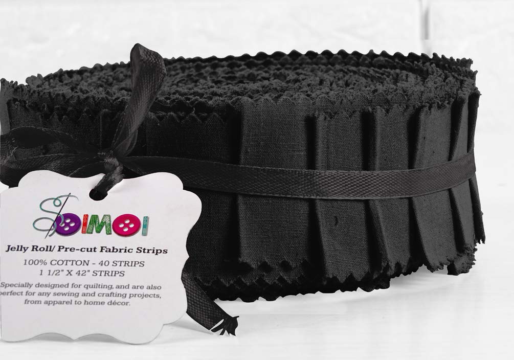 Soimoi 40Pcs Solid Black Precut Fabrics Strips Roll Up 1.5 Inches Cotton Jelly Rolls for Quilting