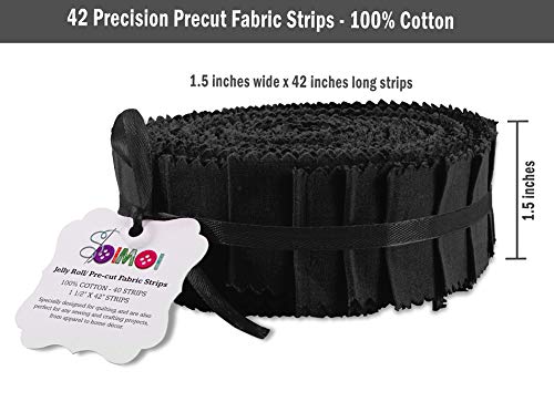 Soimoi 40Pcs Solid Black Precut Fabrics Strips Roll Up 1.5 Inches Cotton Jelly Rolls for Quilting