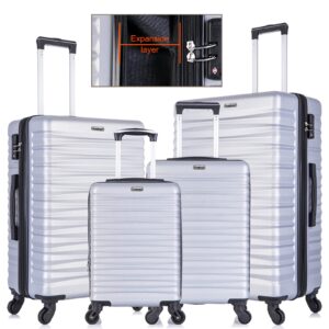 apelila 4 piece luggage sets, expandable hardshell abs luggage sets with tsa lock spinner wheels travel suitcases set (4 pcs, silver)