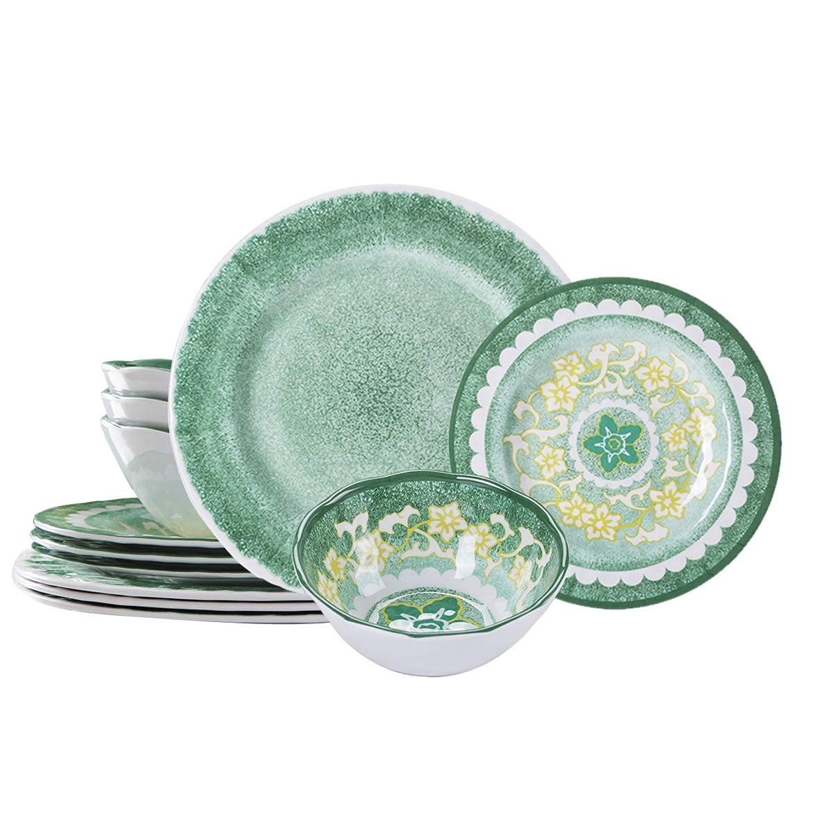 Cocorea Melamine Dinnerware Set, 12-Piece Unbreakable Plates and Bowls, Light weight for Outdoor Use, Green