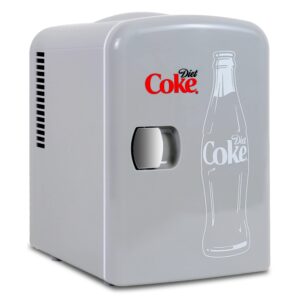 coca-cola diet coke 4l cooler/warmer w/ 12v dc and 110v ac cords, 6 can portable mini fridge, personal travel refrigerator for snacks lunch drinks cosmetics, desk home office dorm, gray