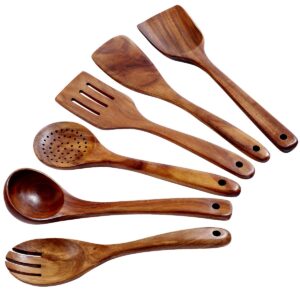 wooden kitchen utensil set uncoated dishwasher safe bamboo cooking utensils set with holes, organic teak wooden spoons for cooking (dark brown)