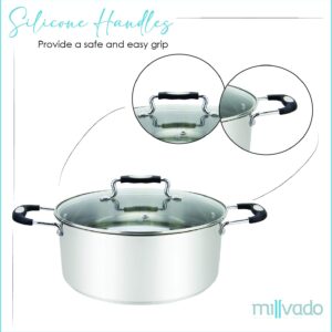 Millvado Stainless Steel Casserole Pot, Large Steel Dutch Oven, Boiling Pot for Soup, Spaghetti, Braising, 8.4 Quart Induction Cooking Pot, Urban Collection Low Round Mirrored Stainless Pots