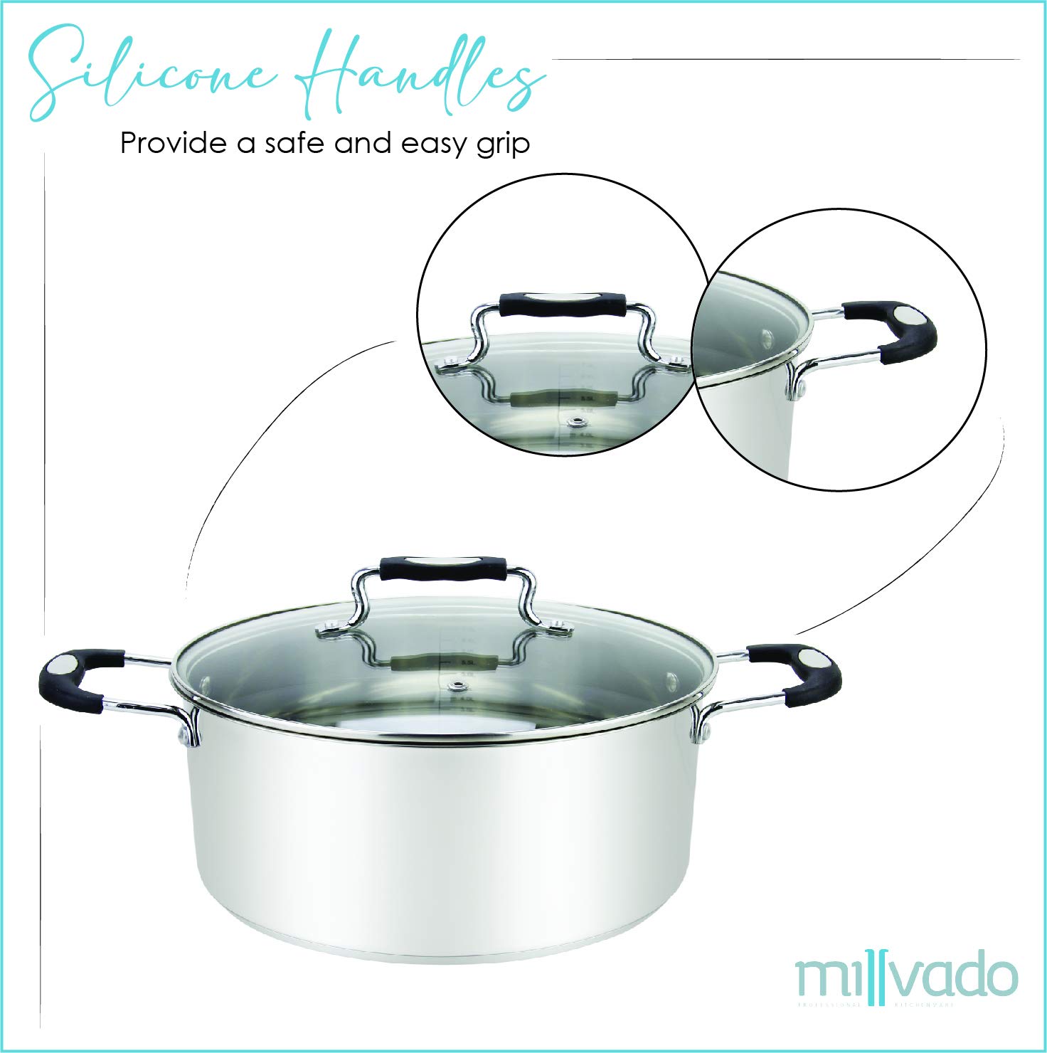 Millvado Stainless Steel Casserole Pot, Large Steel Dutch Oven, Boiling Pot for Soup, Spaghetti, Braising, 8.4 Quart Induction Cooking Pot, Urban Collection Low Round Mirrored Stainless Pots