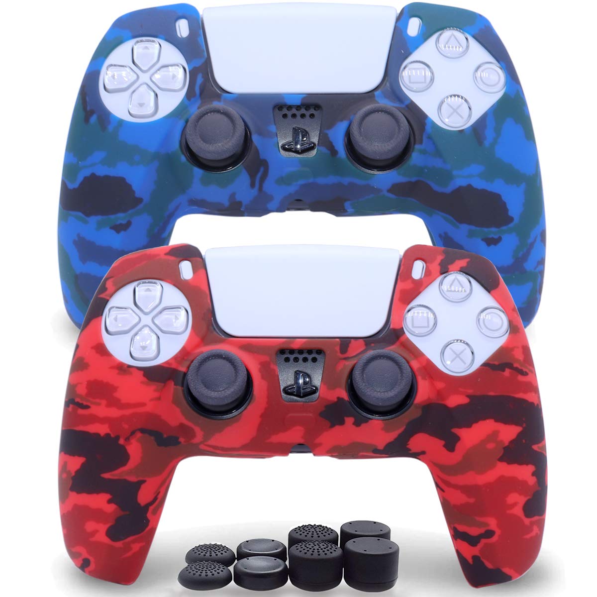 Sofunii 2 Pack Silicone Controller Skins Camo Anti-Slip Cover Case Protector Sleeve for PlayStation 5 /PS5 Controller with 8 x Thumb Grip Caps(Blue,Red)