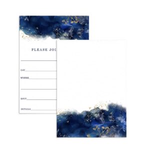 Blue Invitations with Envelopes, All Occasion Party Invites for Wedding, Birthday, Bridal Shower, Graduation, Reception, 5x7 Blank Cards, Gold Watercolor Floral, 25 Count