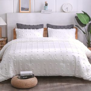 paxrac tufted white queen comforter set (90x90 inches), 3 pieces- soft cotton jacquard lightweight comforter with 2 pillowcases, chenille dots all season down alternative comforter set for bedding