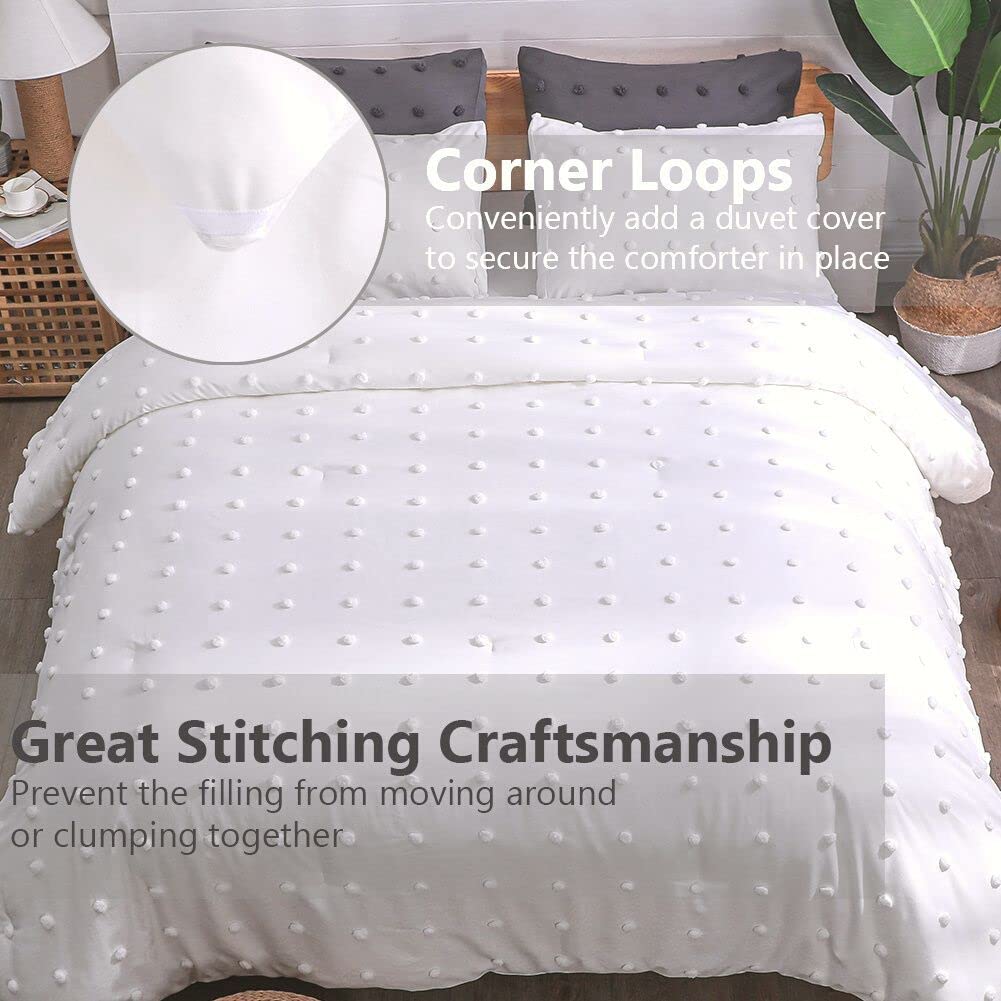 Paxrac Tufted White Queen Comforter Set (90x90 inches), 3 Pieces- Soft Cotton Jacquard Lightweight Comforter with 2 Pillowcases, Chenille Dots All Season Down Alternative Comforter Set for Bedding