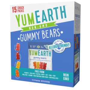 yumearth organic gummy bears - fruity gummy candy snack packs, gluten free snacks for kids - allergy friendly, non-gmo, no artificial flavors or dyes - assorted flavors, 0.7 oz - 15 count (pack of 1)