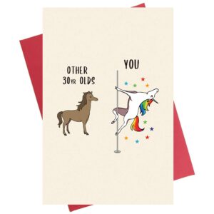 kirynurd unicorn birthday card, 30th birthday card for men women, funny 30 year old card, pole dancing unicorn