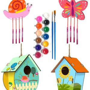 HOME COMPOSER 4 Pack DIY Bird House Wind Chime Kits for Children to Build and Paint, Wooden Arts and Crafts for Kids Girls Boys Toddlers Ages 8-12 4-6 6-8, Paint Kit Includes Paints & Brushes