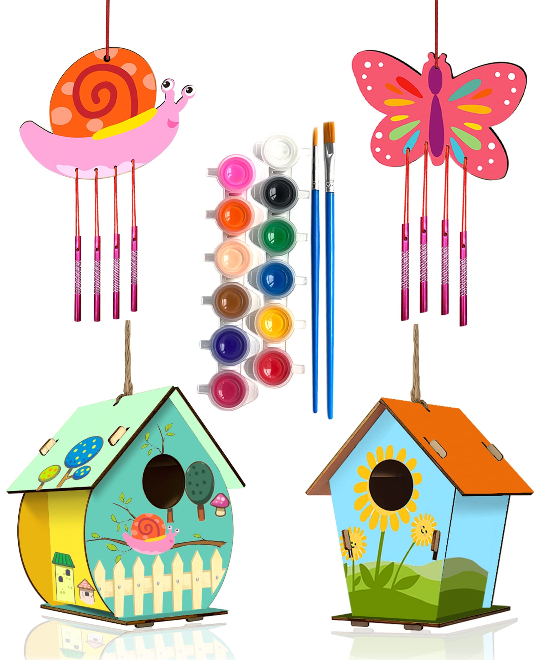 HOME COMPOSER 4 Pack DIY Bird House Wind Chime Kits for Children to Build and Paint, Wooden Arts and Crafts for Kids Girls Boys Toddlers Ages 8-12 4-6 6-8, Paint Kit Includes Paints & Brushes