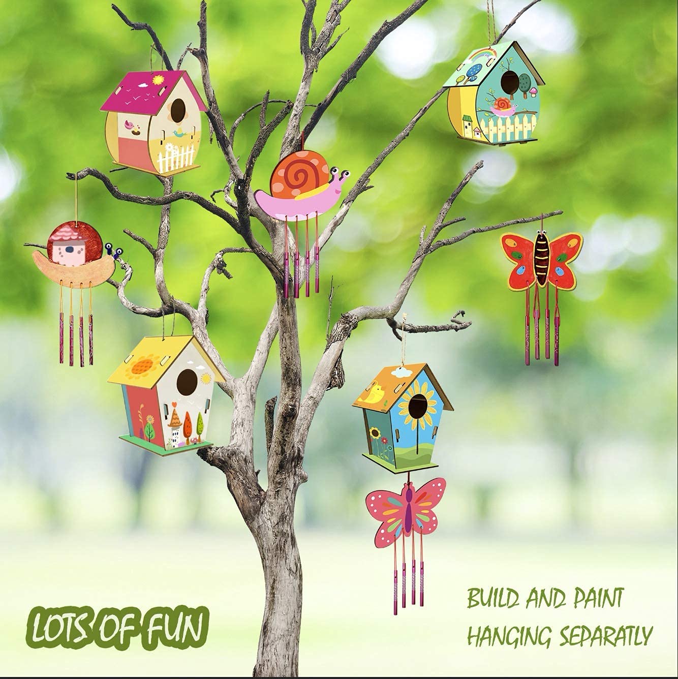 HOME COMPOSER 4 Pack DIY Bird House Wind Chime Kits for Children to Build and Paint, Wooden Arts and Crafts for Kids Girls Boys Toddlers Ages 8-12 4-6 6-8, Paint Kit Includes Paints & Brushes