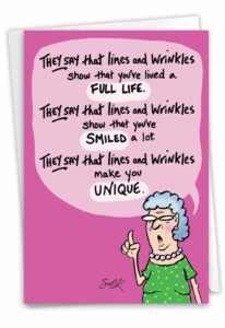 nobleworks - 1 funny women's birthday card with envelope - cartoon humor, stationery bday celebration card for wife, women - lines and wrinkles c9319bdg