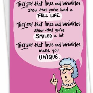 NobleWorks - 1 Funny Women's Birthday Card with Envelope - Cartoon Humor, Stationery Bday Celebration Card for Wife, Women - Lines and Wrinkles C9319BDG