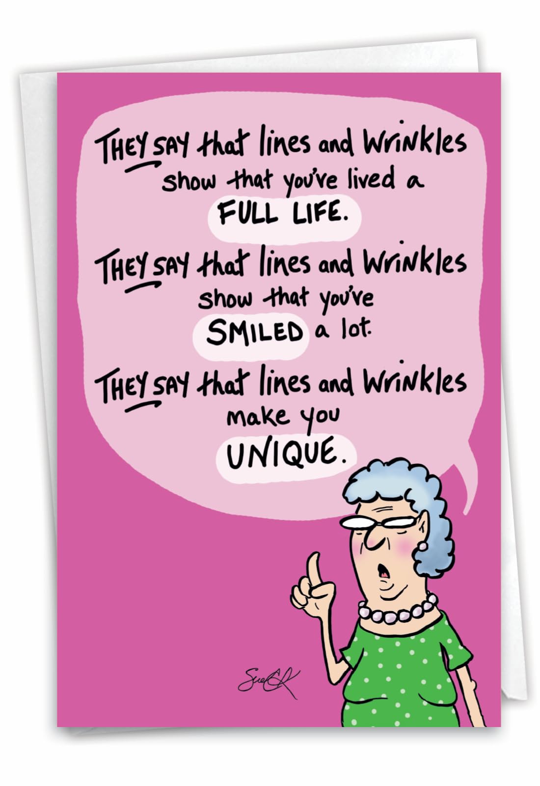 NobleWorks - 1 Funny Women's Birthday Card with Envelope - Cartoon Humor, Stationery Bday Celebration Card for Wife, Women - Lines and Wrinkles C9319BDG