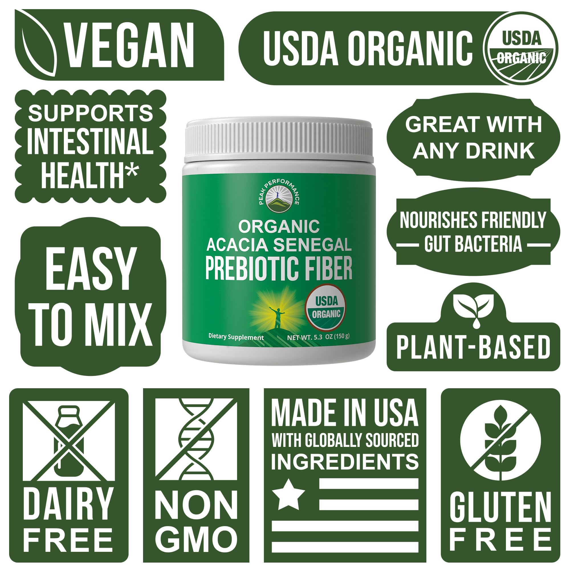 Organic Acacia Senegal Prebiotic Fiber Powder. USDA Organic Plant Based Vegan Prebiotics Supplement for Gut Health. with Digestive Enzymes for Digestion, Roughage Without Bloating, Gas