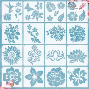 17 pieces flower stencils for painting on wood large sunflower painting stencil template summer butterflies bird rose leaf reusable stencils diy for painting wall decor spring (6.3 x 6.3 inch)