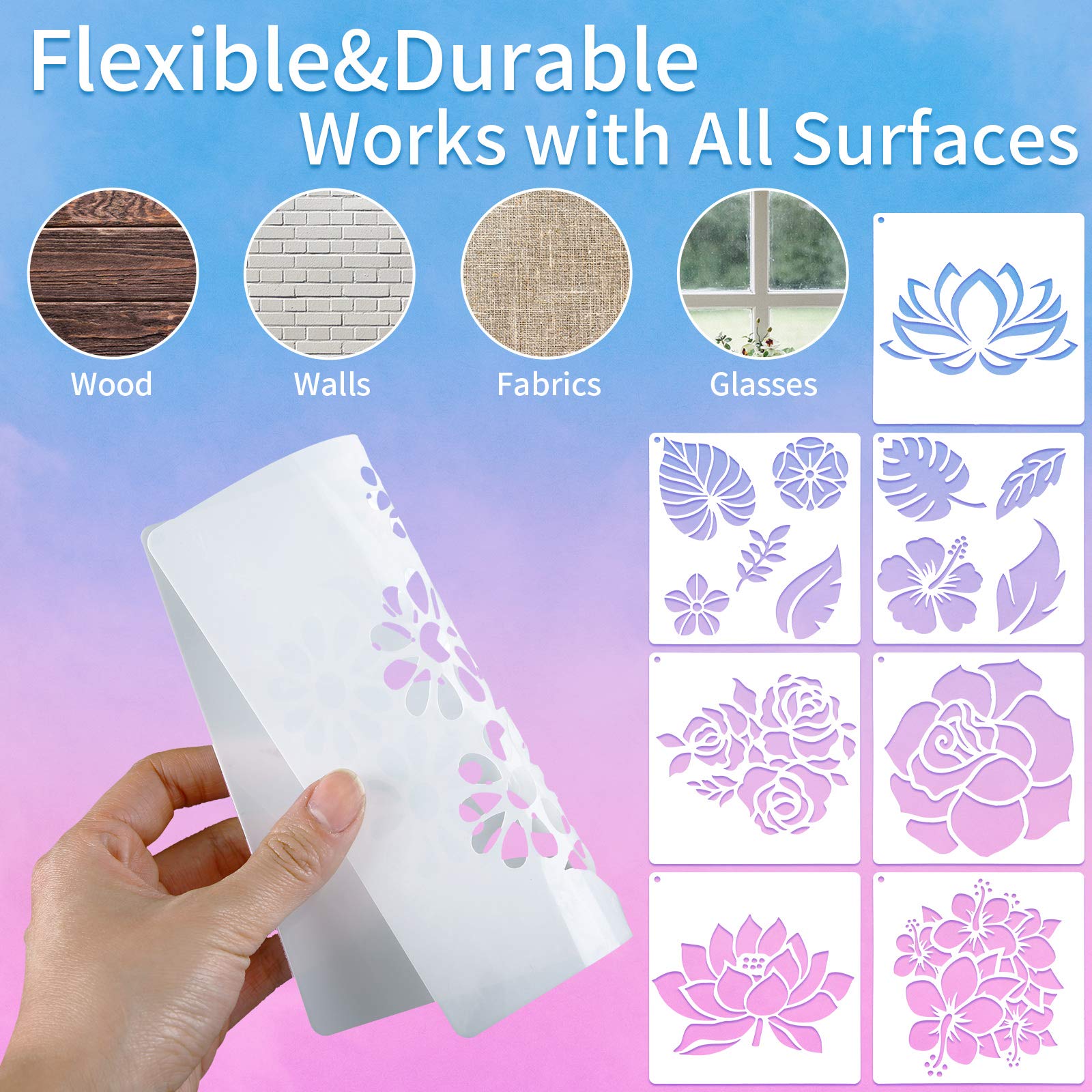 17 Pieces Flower Stencils for Painting on Wood Large Sunflower Painting Stencil Template Summer Butterflies Bird Rose Leaf Reusable Stencils DIY for Painting Wall Decor Spring (6.3 x 6.3 Inch)