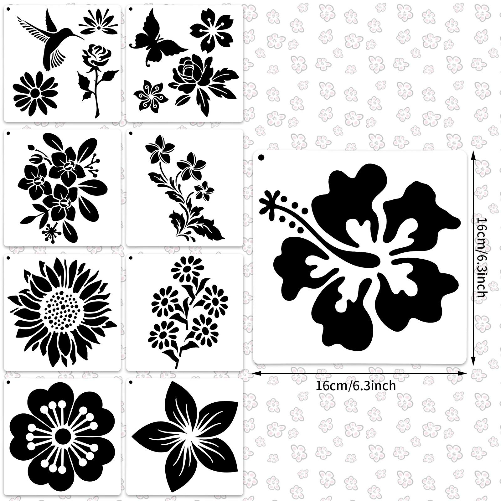 17 Pieces Flower Stencils for Painting on Wood Large Sunflower Painting Stencil Template Summer Butterflies Bird Rose Leaf Reusable Stencils DIY for Painting Wall Decor Spring (6.3 x 6.3 Inch)