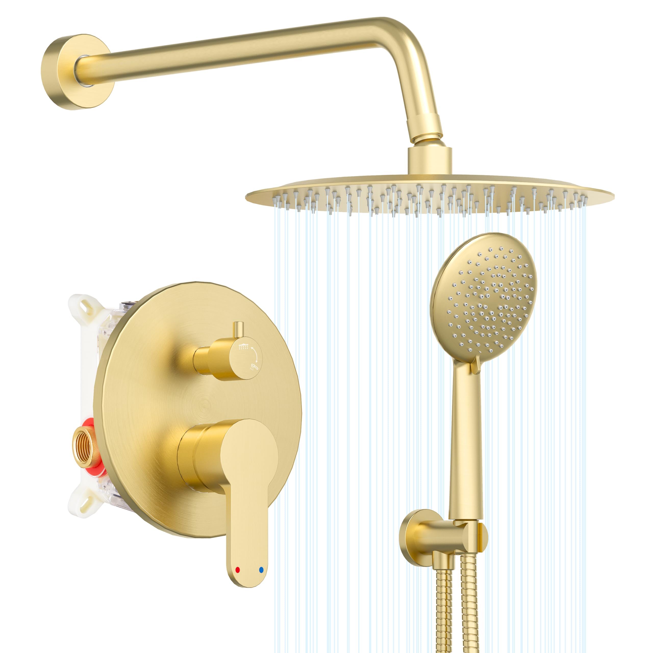 Gabrylly Shower System, Gold Shower Faucet Set with Pressure Balance Shower Valve, 12 Inch Gold Shower Heads with handheld Spray Combo, Wall Mounted Shower Fixtures, Brushed Gold