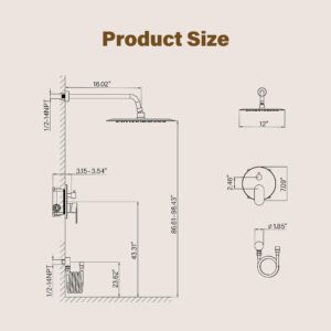 Gabrylly Shower System, Gold Shower Faucet Set with Pressure Balance Shower Valve, 12 Inch Gold Shower Heads with handheld Spray Combo, Wall Mounted Shower Fixtures, Brushed Gold