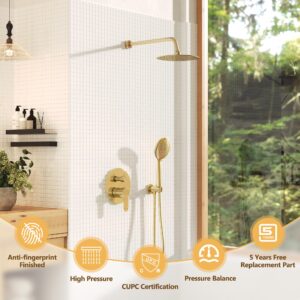 Gabrylly Shower System, Gold Shower Faucet Set with Pressure Balance Shower Valve, 12 Inch Gold Shower Heads with handheld Spray Combo, Wall Mounted Shower Fixtures, Brushed Gold